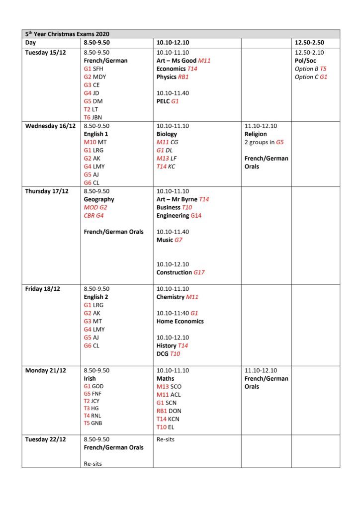 5th Year Christmas Exam Timetable, 2020 | Newpark Comprehensive School ...
