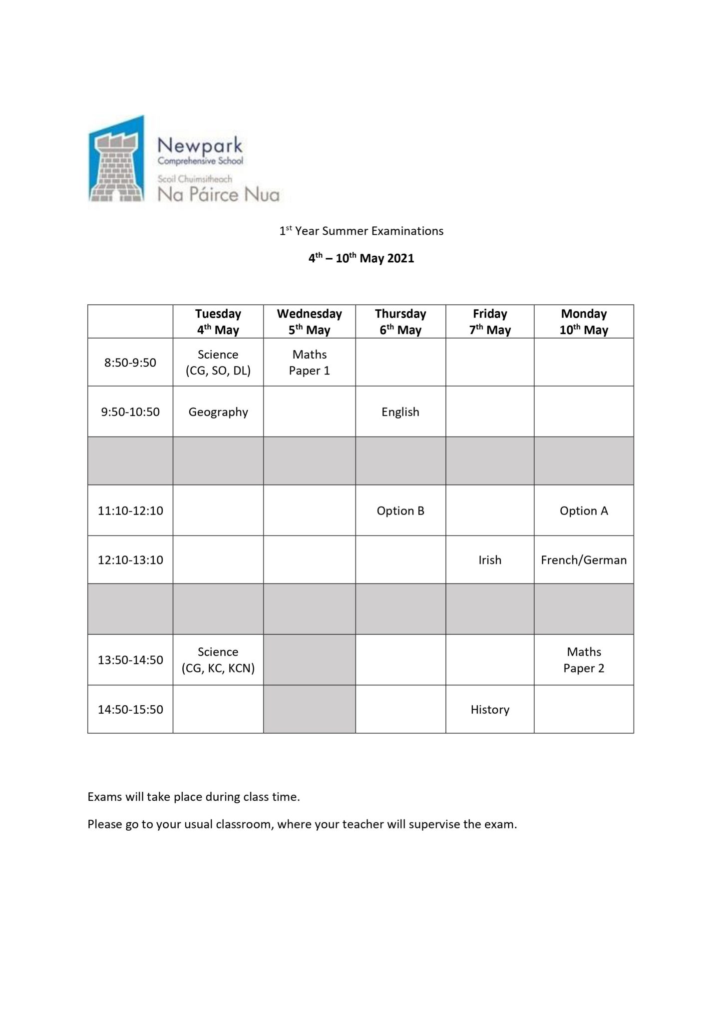 First Year Summer Assessment Timetable 2021 | Newpark Comprehensive ...