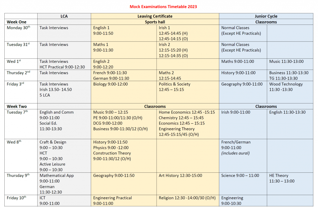 Mock Exam Timetable 2023 | Newpark Comprehensive School, Dublin, Ireland