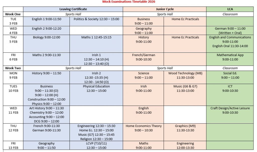 Mock Examinations 2026 | Newpark Comprehensive School, Dublin, Ireland